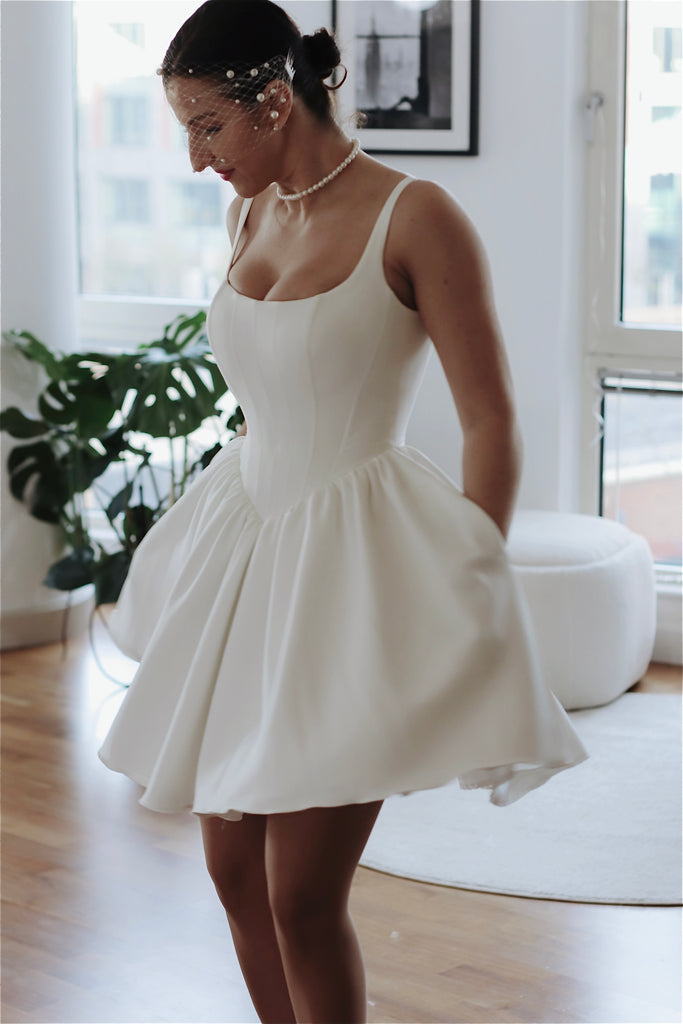 Basque Waist Mini Wedding Dress by Velo Bianco